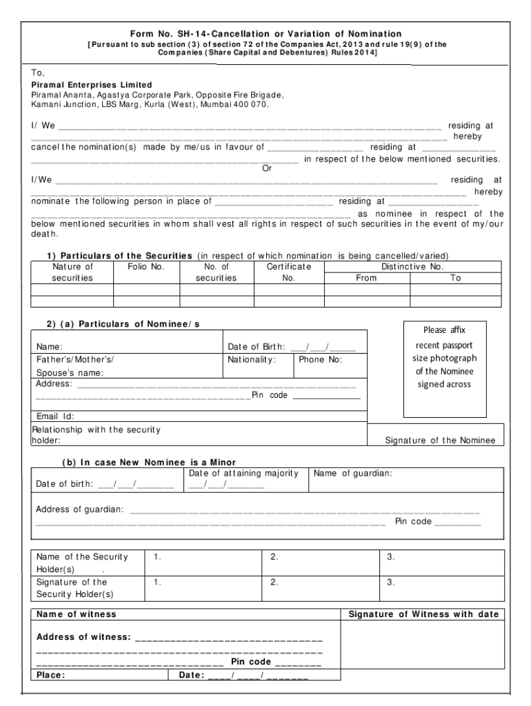 Fillable Online SH-14-Cancellation or Variation of Nomination Fax Email ...