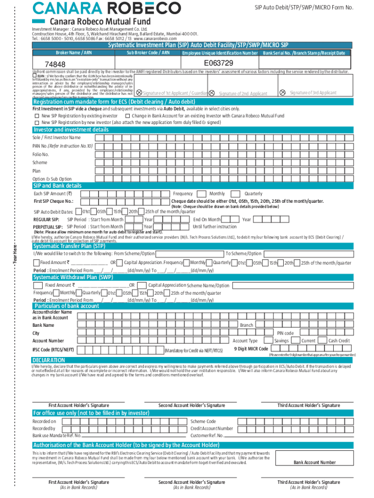 Fillable Online SIP Auto Debit/STP/SWP/MICRO Form No. Fax Email Print - pdfFiller