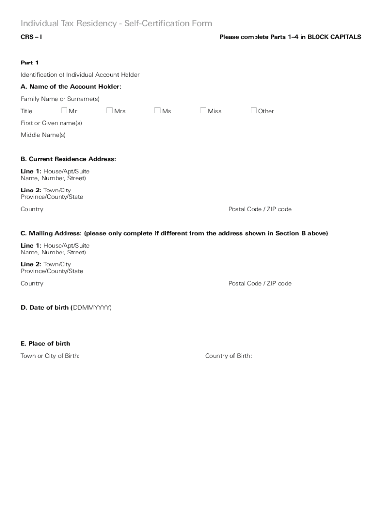 Fillable Online Entity Tax Residency Self-Certification Form CRS Fax ...