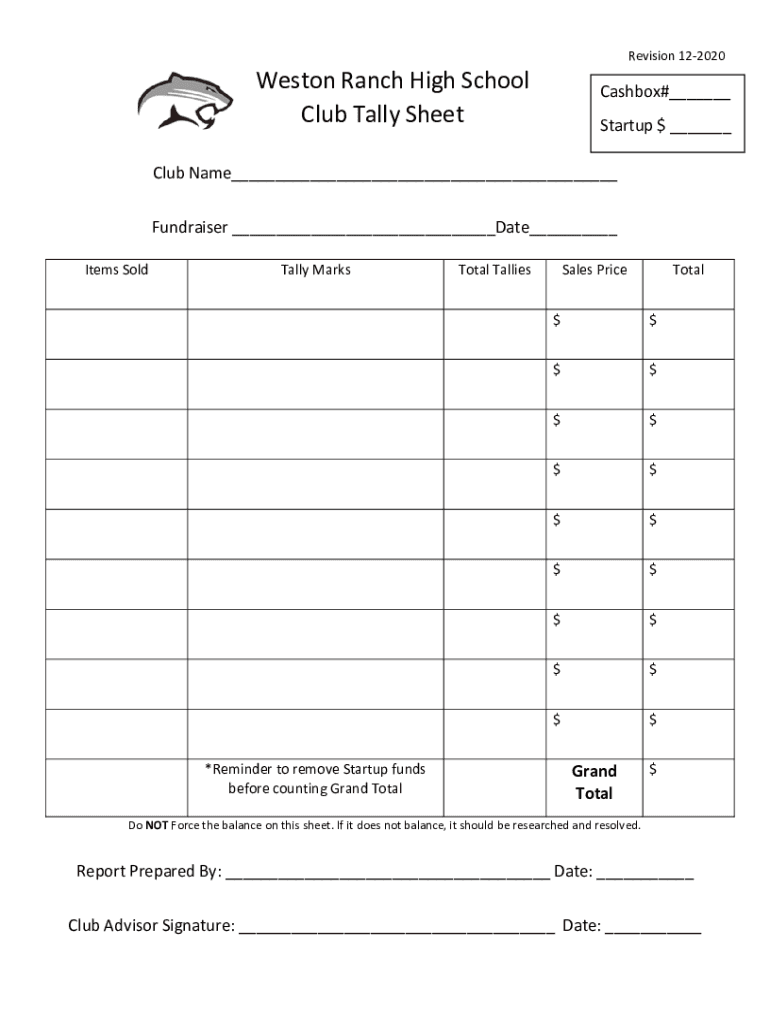 Fillable Online Weston Ranch High School Club Tally Sheet Fax Email ...