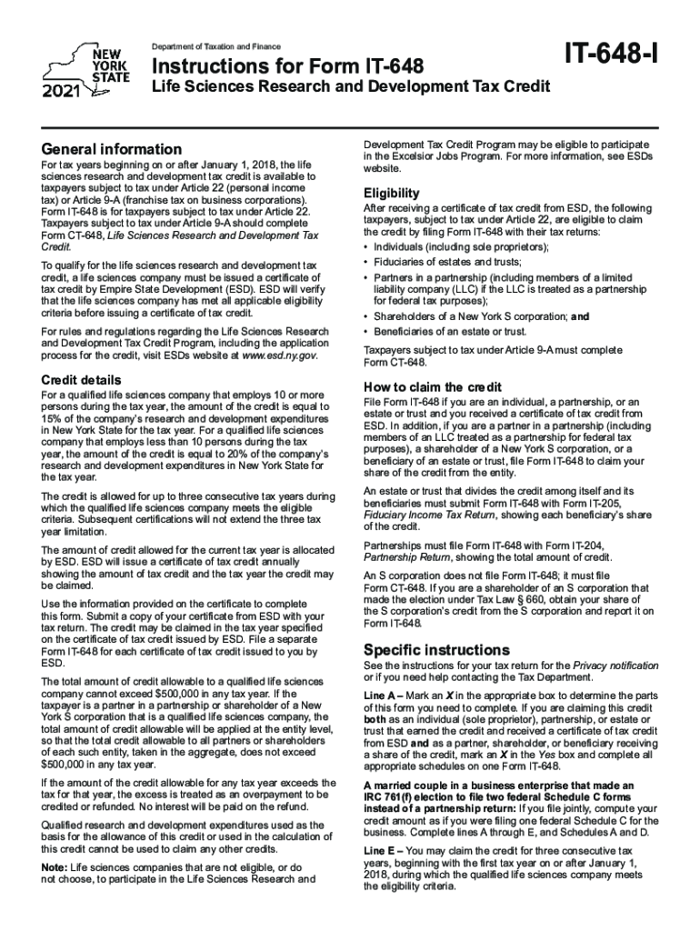 Fillable Online Instructions for Form IT-648 Life Sciences Research and ...