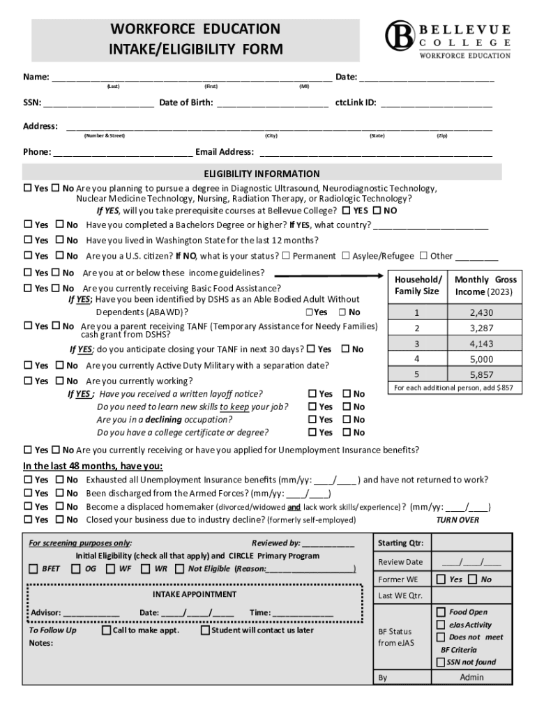 Fillable Online WORKFORCE EDUCATION INTAKE/ELIGIBILITY FORM Fax Email ...