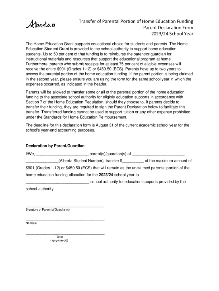 Fillable Online Home Ed - Transfer of Parental Portion - Declaration ...