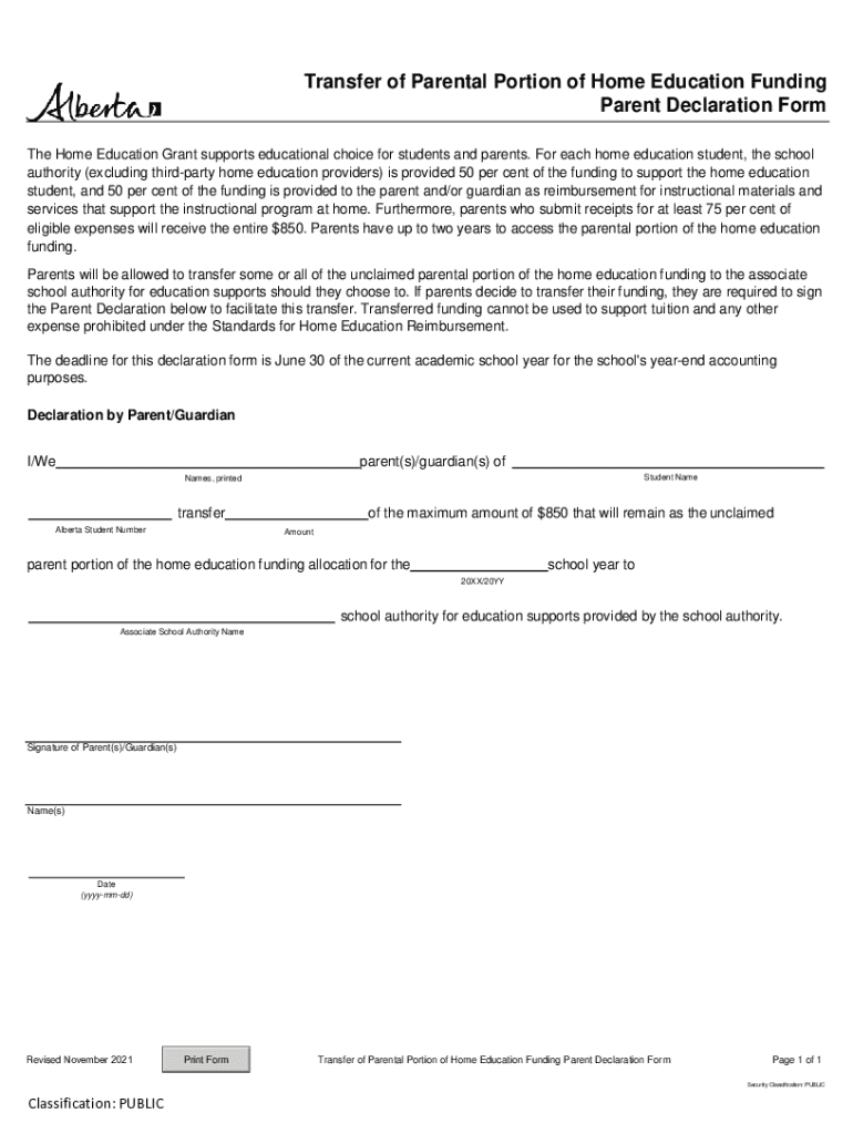 Fillable Online Transfer of Parental Portion of Home Education Funding ...