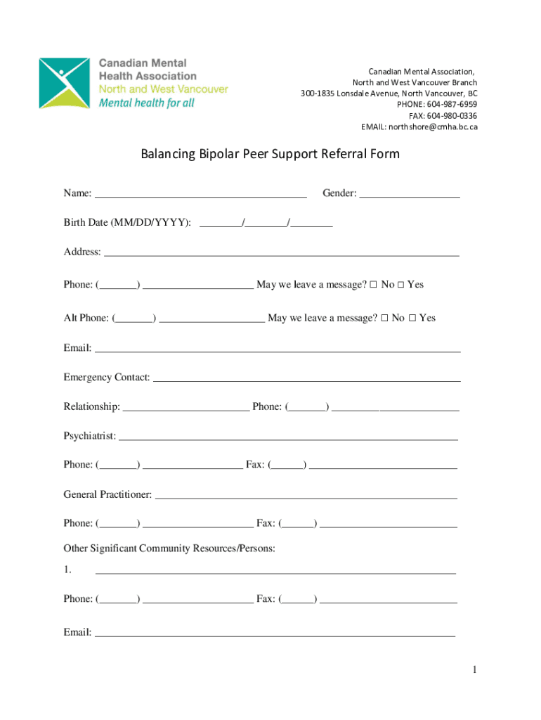 Fillable Online northwestvancouver cmha bc CMHA North and West Vancouver BranchMental Health for ...