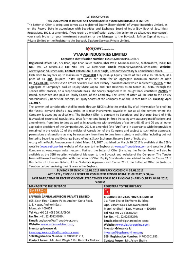 Fillable Online Vyapar Industries Limited - Letter of Offer Fax Email ...