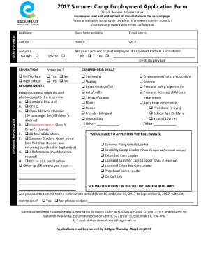 Fillable Online 2017 Summer Camp Employment Application Form Fax Email ...
