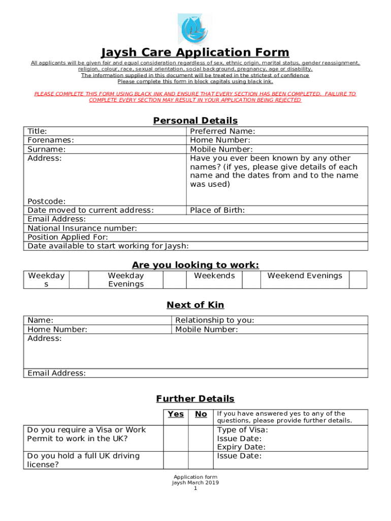 Jaysh Care Application Doc Template | pdfFiller