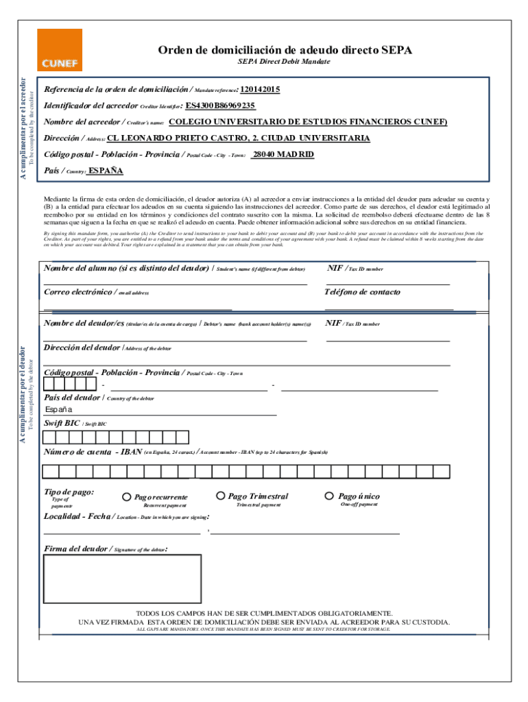 Completable En línea Referencia de la orden de domiciliacin / Mandate ...