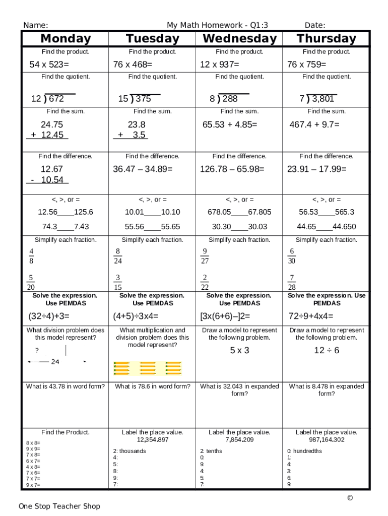 Q1.pdf - Name: Weekly Math Review - Q1:1 Date: Monday... - images pcmac Doc Template | pdfFiller