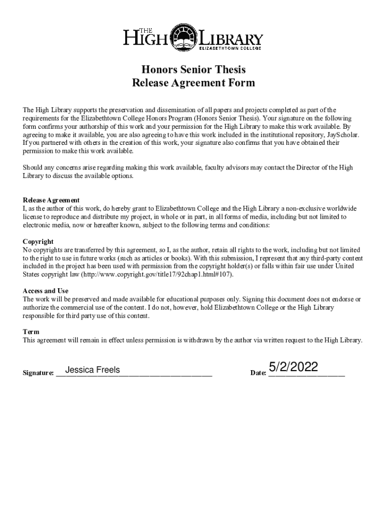 Fillable Online Honors Senior Thesis Release Agreement Form Fax Email Print - pdfFiller
