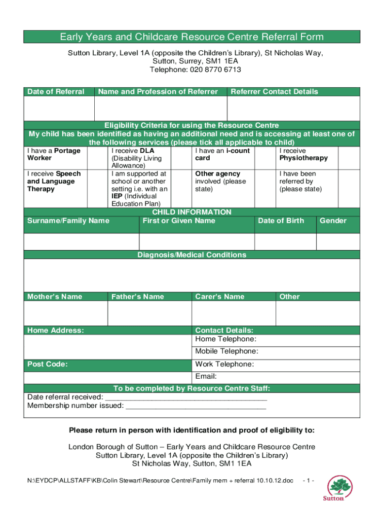 Fillable Online Early Years and Childcare Resource Centre Referral Form ...