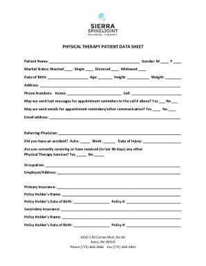 Fillable Online PHYSICAL THERAPY PATIENT DATA SHEET Fax Email Print ...