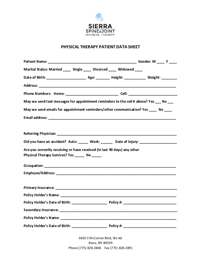 Fillable Online PHYSICAL THERAPY PATIENT DATA SHEET Fax Email Print ...