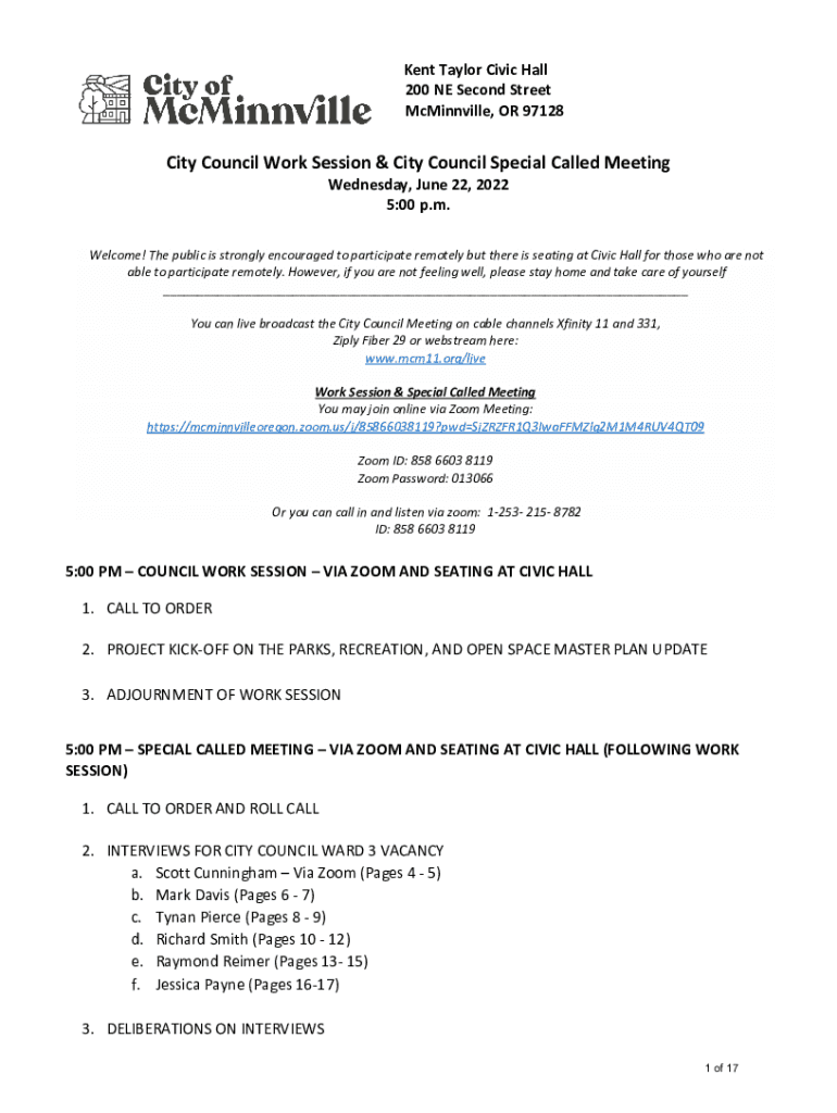 Fillable Online City Council Work Session & City Council Special Called ...