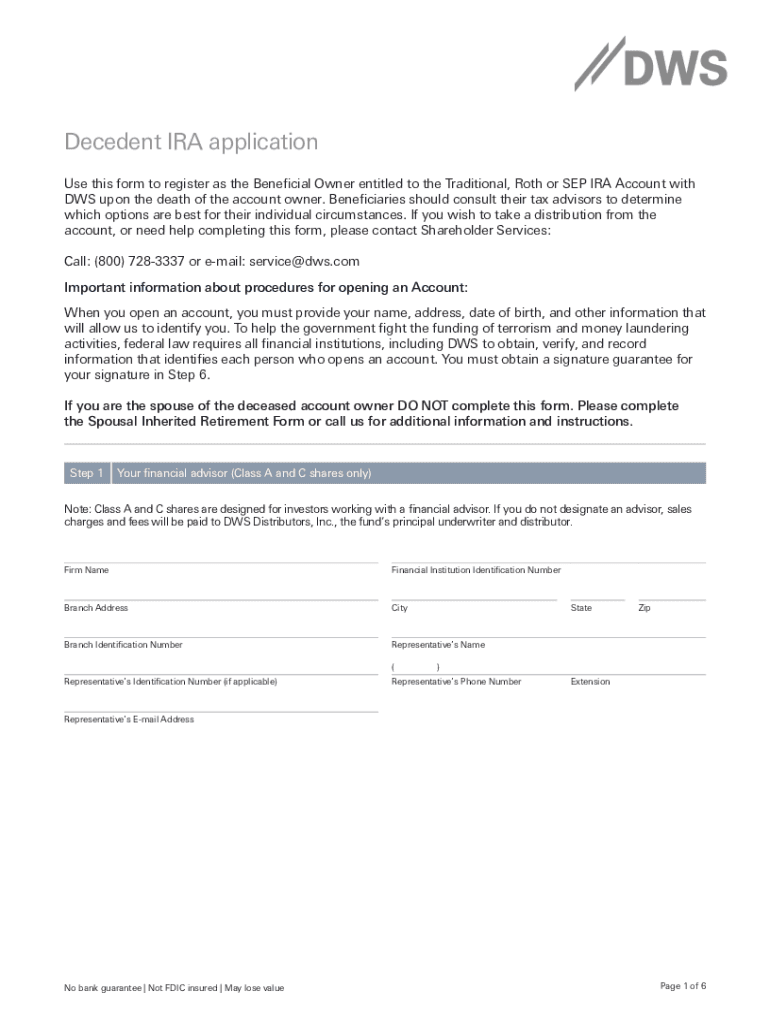 Fillable Online DWS Form IRA-10F. Decedent IRA Application Fax Email ...