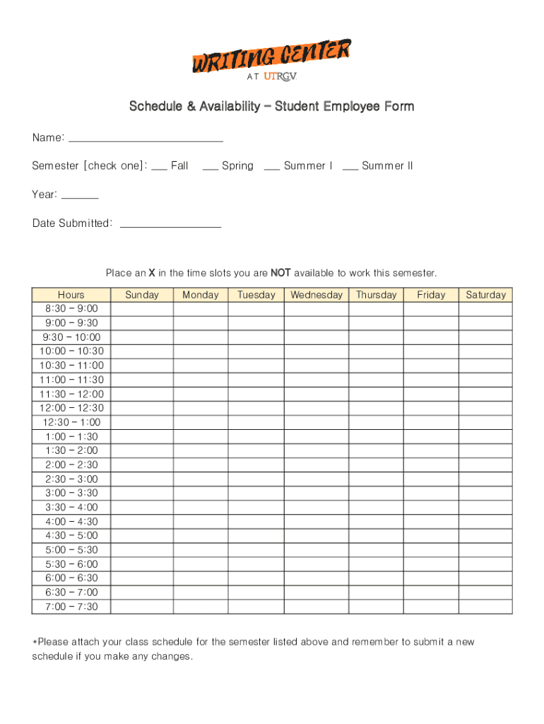 Fillable Online Schedule & Availability Student Employee Form Fax Email ...
