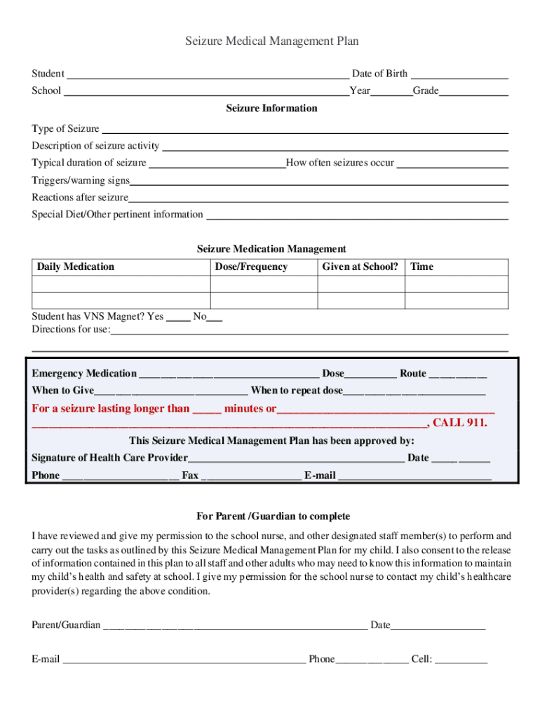 Fillable Online Seizure Medical Management Plan Fax Email Print - pdfFiller