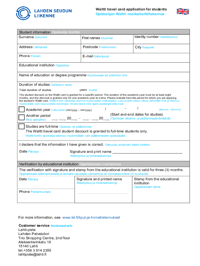 Fillable Online Waltti travel card application for students ...