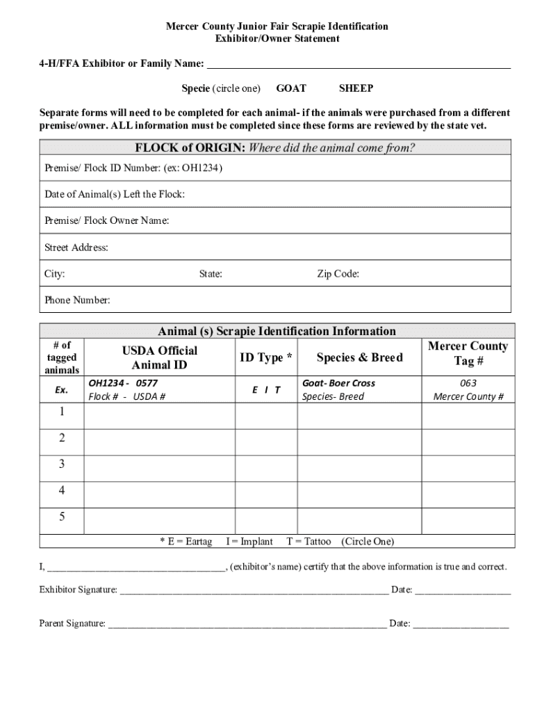 Fillable Online Mercer County Junior Fair Scrapie Identification Fax ...