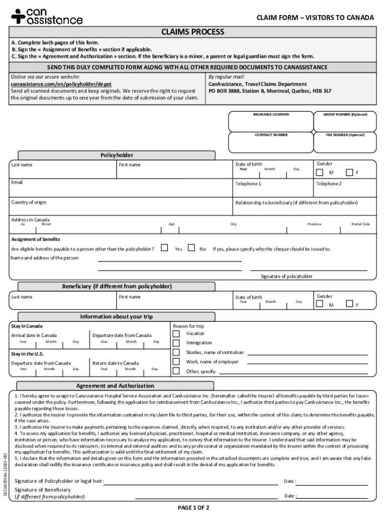 Fillable Online VISITORS TO CANADA - CLAIM FORM Fax Email Print - pdfFiller
