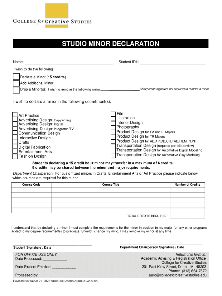 Fillable Online Studio Art Minor Declaration of Interest Form Fax Email ...