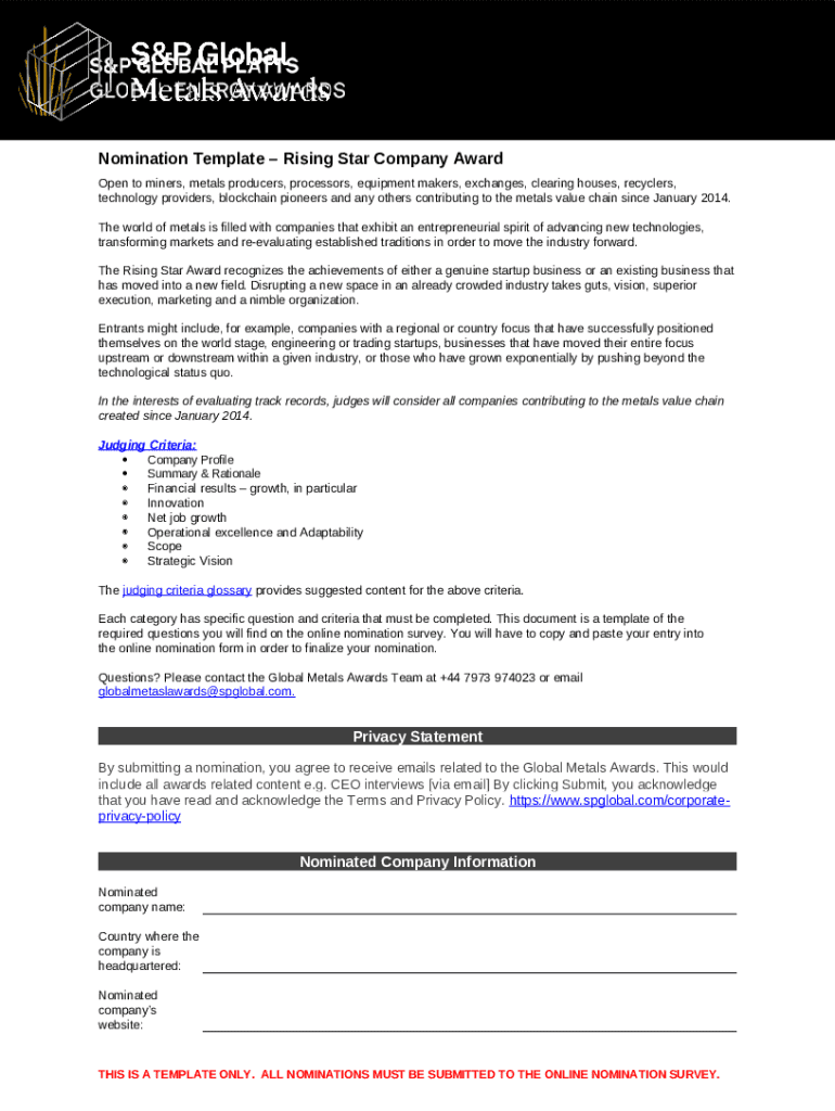 Nomination Template - Rising Star Company Award Doc Template | pdfFiller