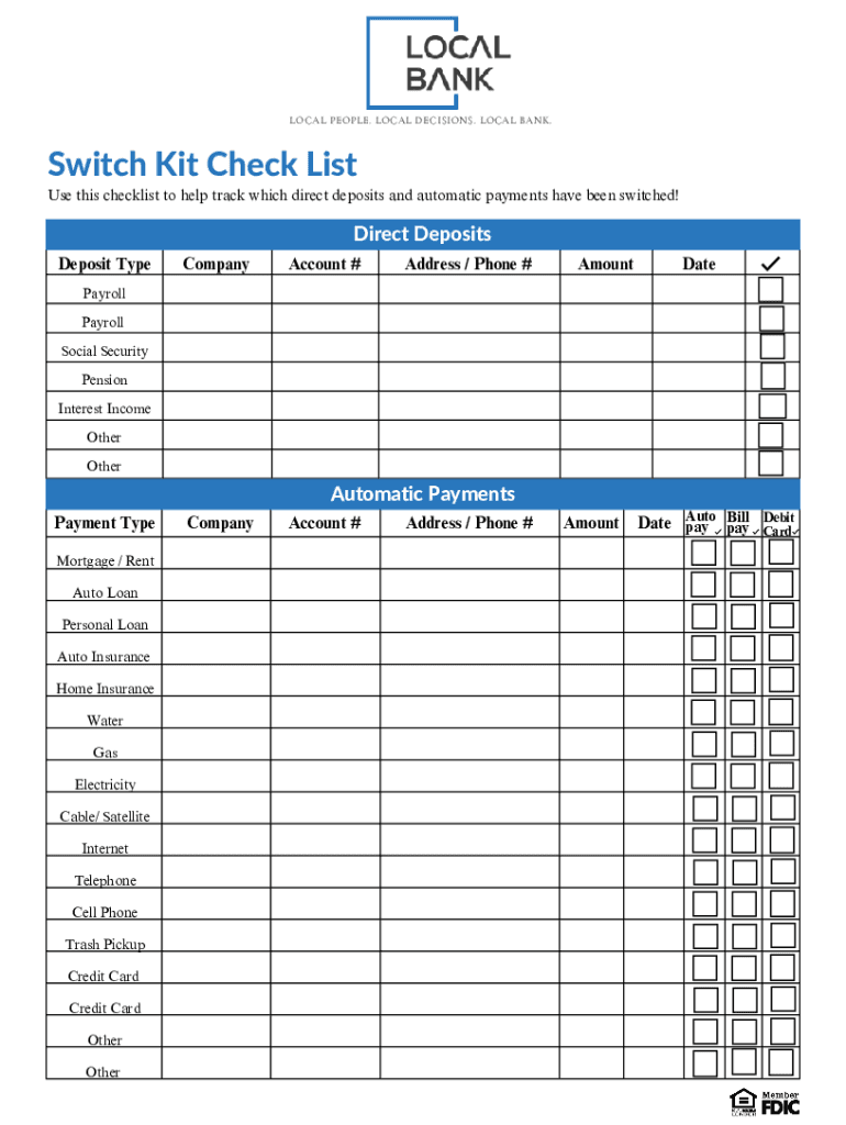 Fillable Online Local Bank's Switch Kit Fax Email Print - pdfFiller