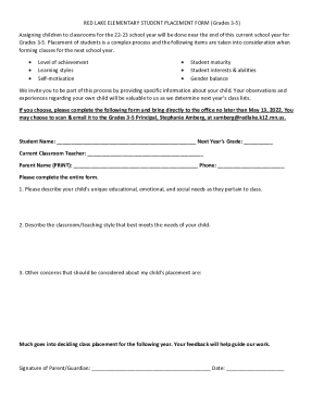 Fillable Online RED LAKE ELEMENTARY STUDENT PLACEMENT FORM ... Fax ...