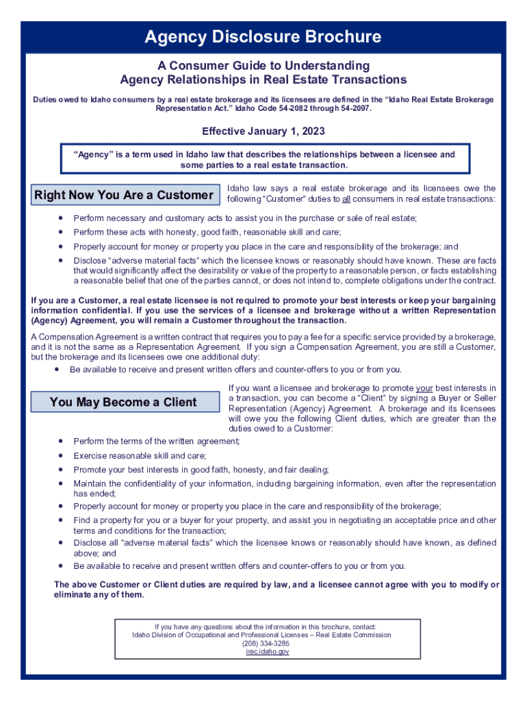 Fillable Online irec idaho Agency Disclosure Brochure Idaho Real Estate ...