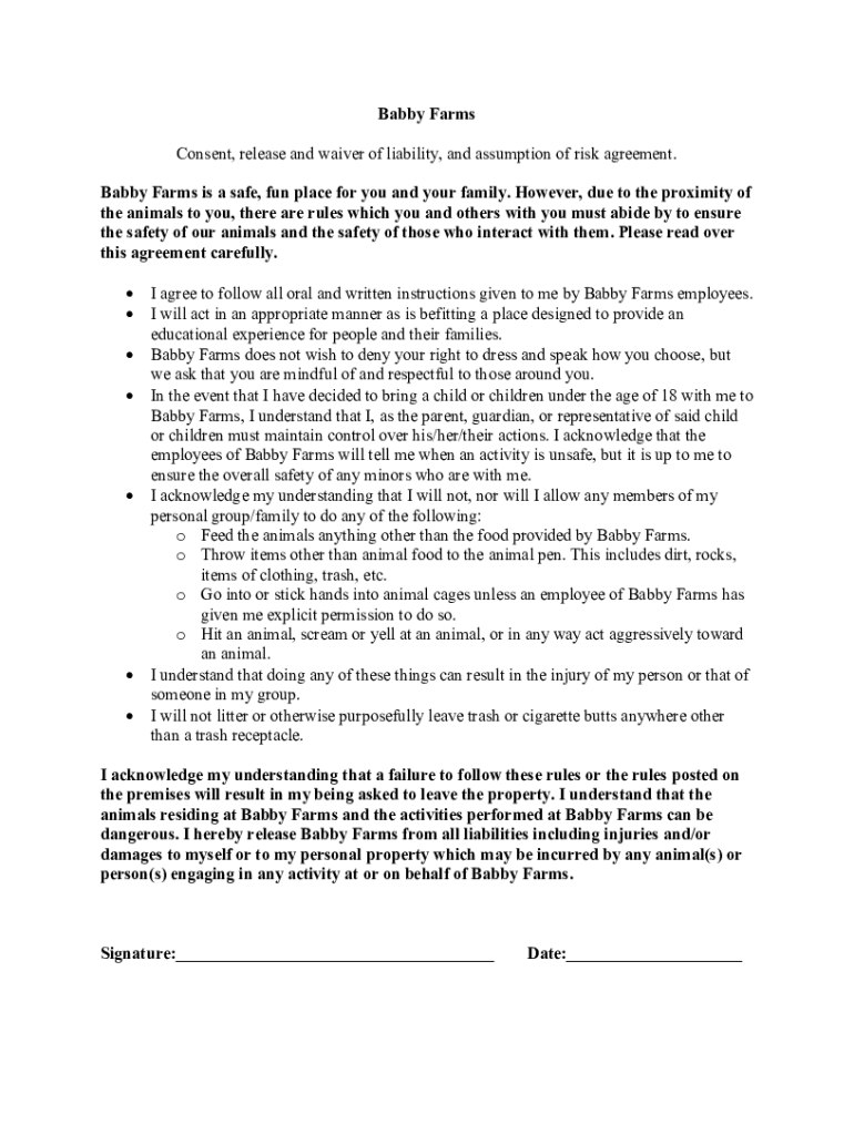 Fillable Online Babby Farms Consent, release and waiver of liability ...