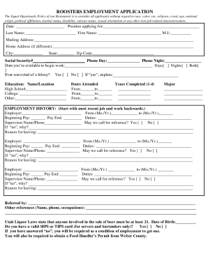 Fillable Online ROOSTERS BAR & GRILL APPLICATION FOR EMPLOYMENT Fax ...