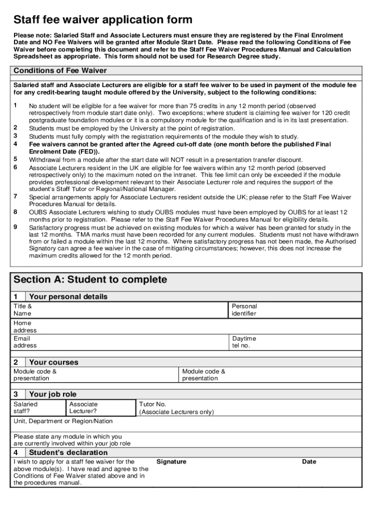 Fillable Online css2 open ac Staff fee waiver application form Fax ...