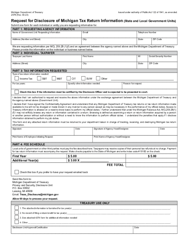 Fillable Online 2078, Request for Disclosure Tax Return Information ...