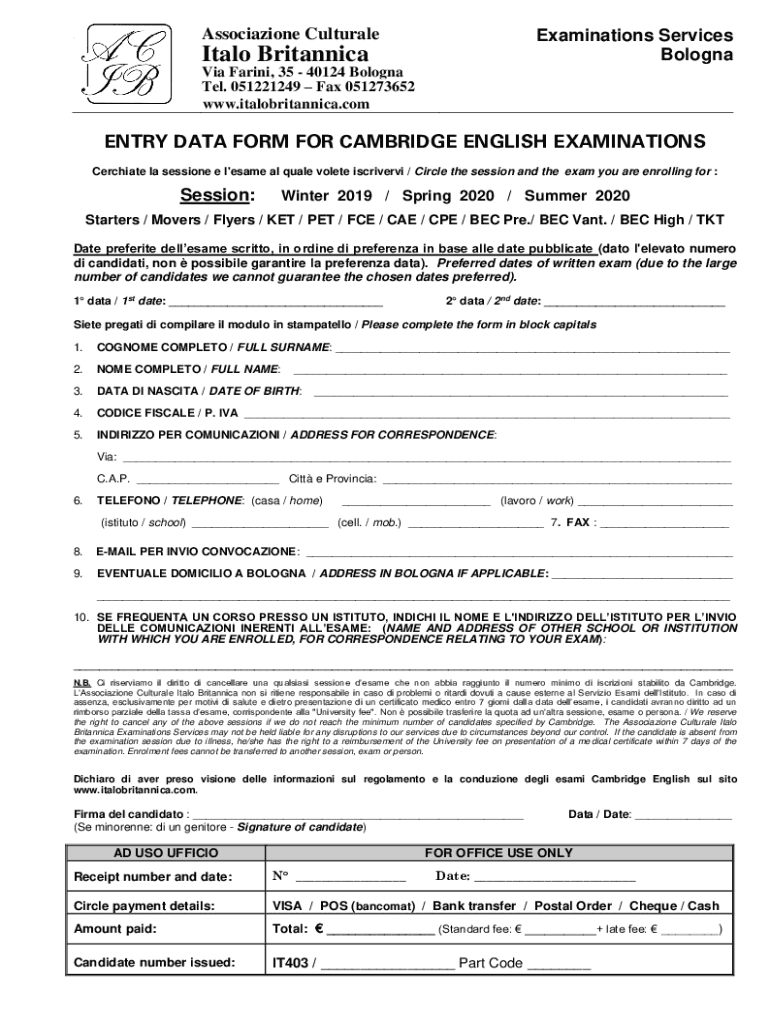 Compilabile Online ENTRY DATA FORM FOR CAMBRIDGE ESOL ... Fax Email ...