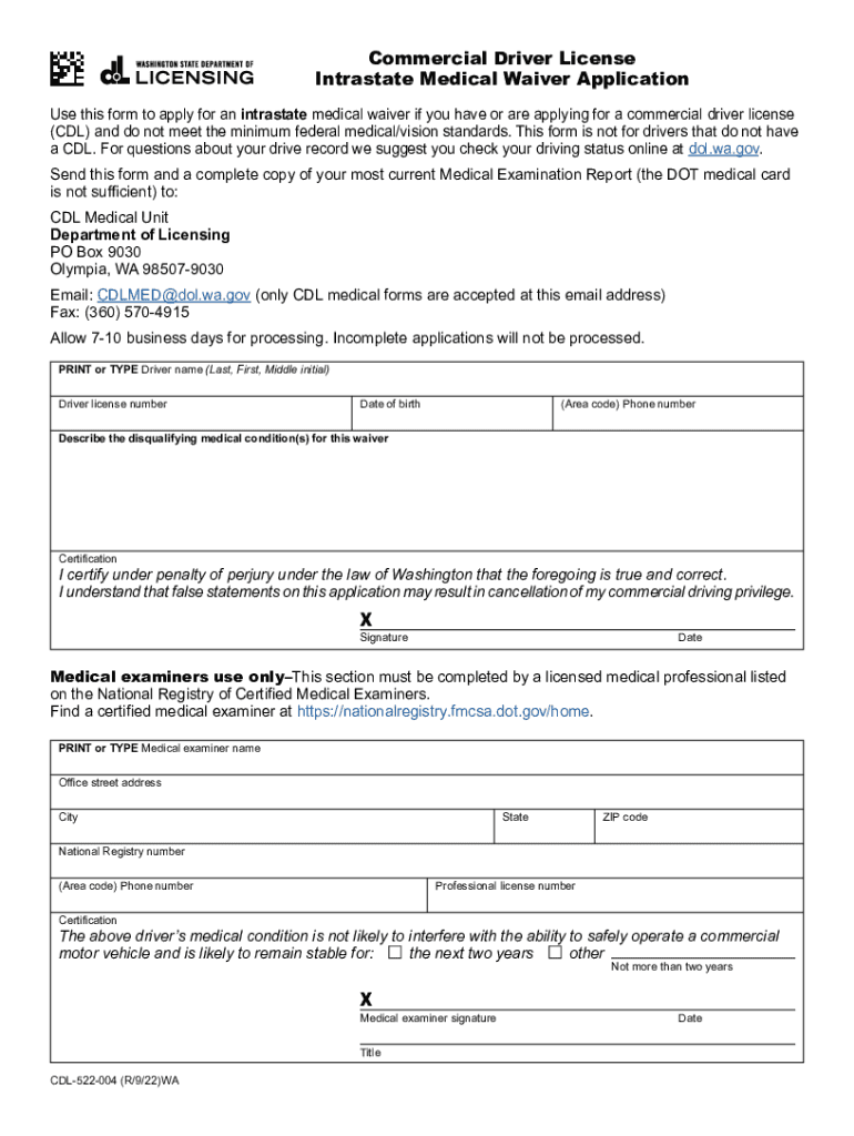 Fillable Online Commercial Driver License Intrastate Medical Waiver ...