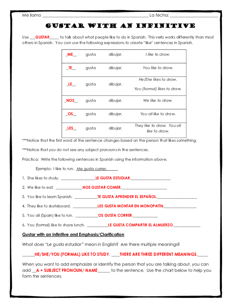Fillable Online Using gustar in Spanish + verb to say like doing ...