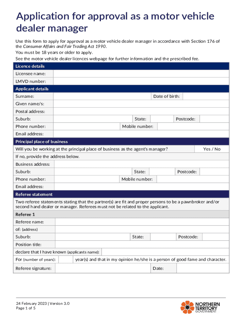 Fillable Online nt gov Application for approval as a motor vehicle dealer manager Fax Email ...