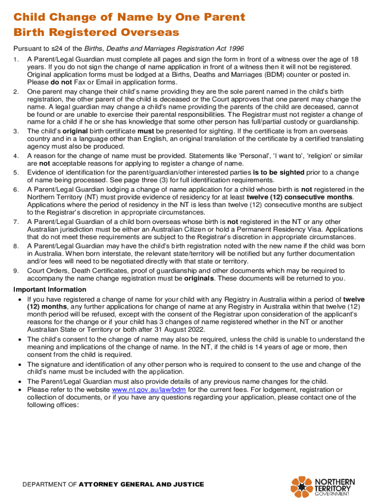 Fillable Online nt gov Child change of name by one parent - overseas ...