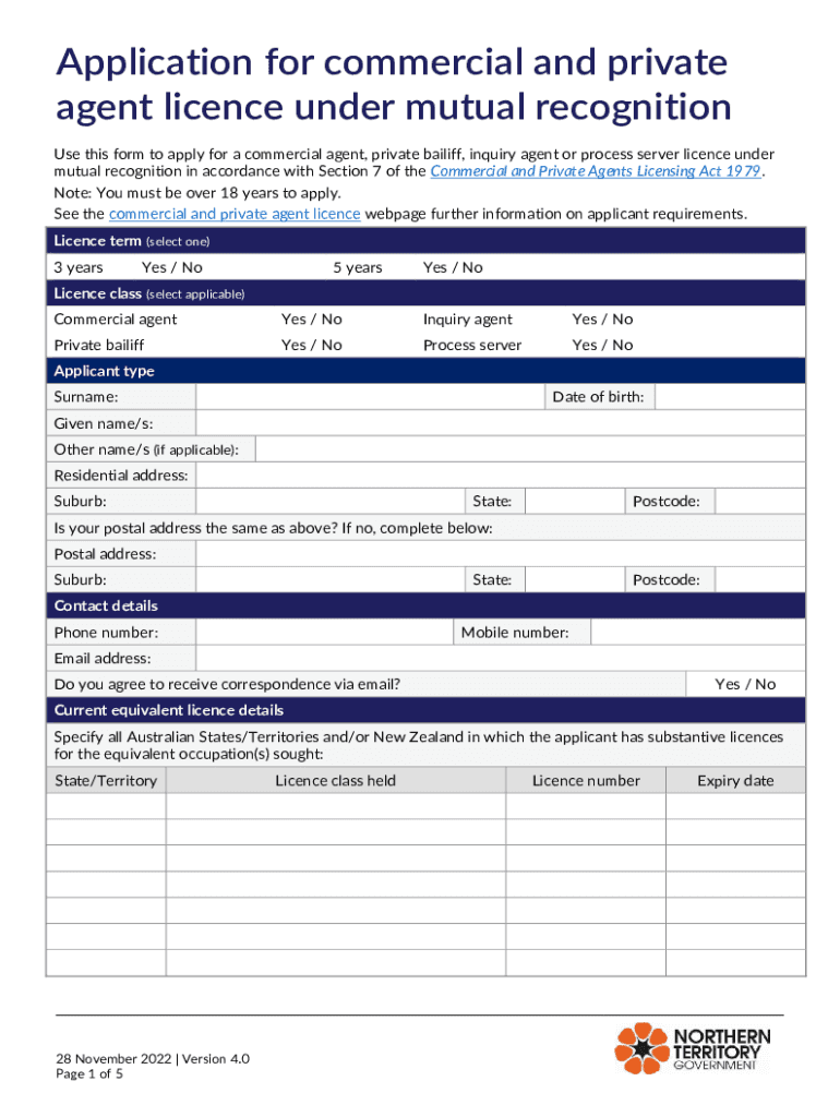 Fillable Online nt gov Application for commercial and private agent licence under ... Fax Email ...