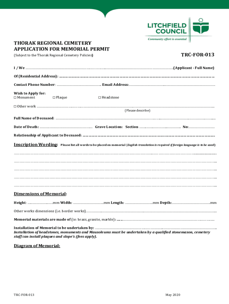 Fillable Online thorak regional cemetery application for memorial ...