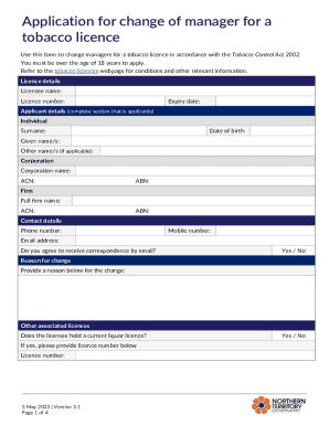 Fillable Online nt gov Application for change of manager for a tobacco licence Fax Email Print ...