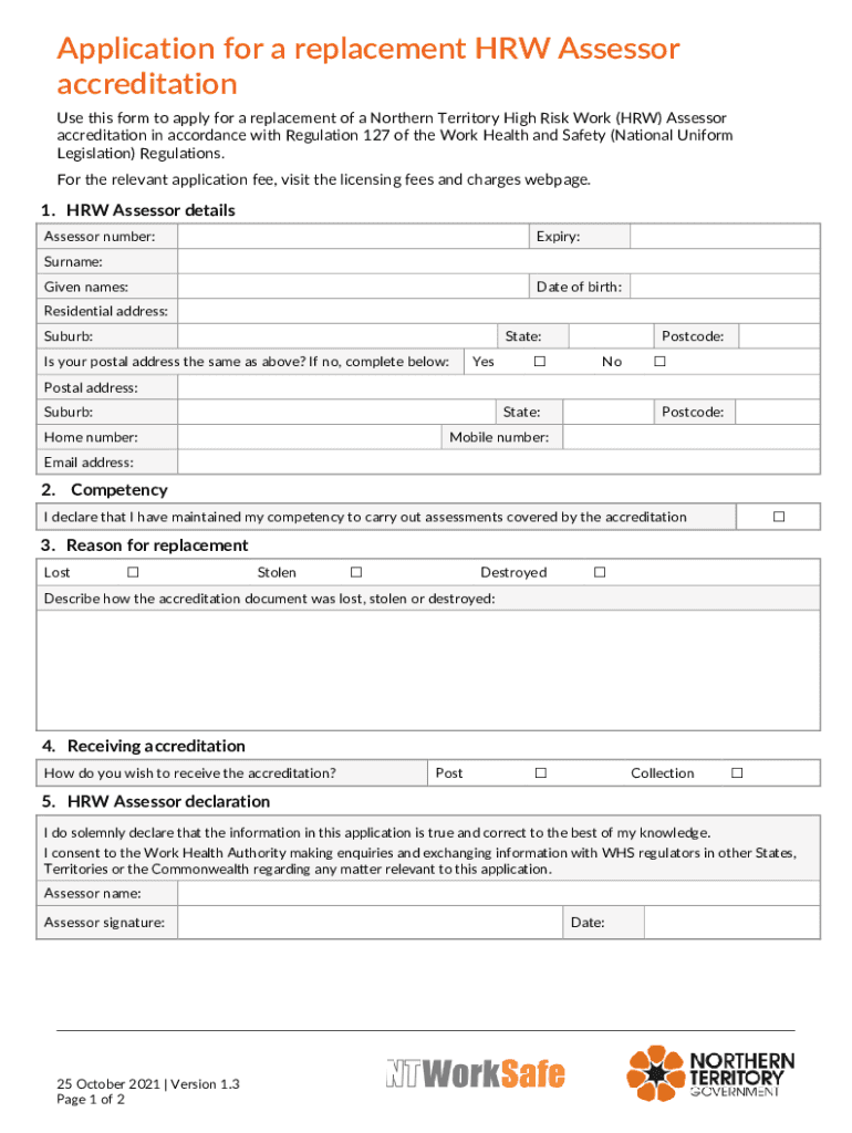 Fillable Online Application for Accreditation to assess High Risk Work ...