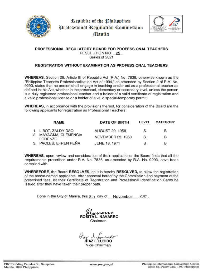 Fillable Online professional regulatory board for professional teachers ...