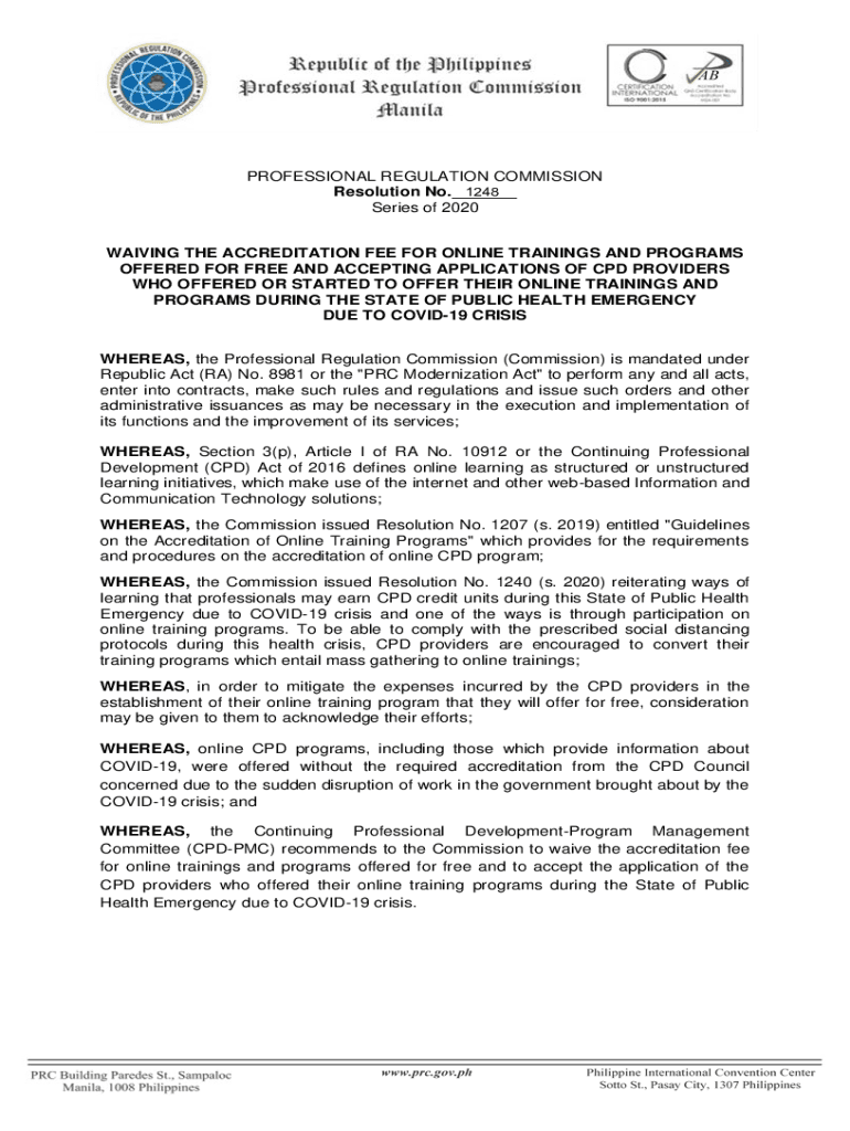 Fillable Online Prc Waives Accreditation Fee For Online Trainings