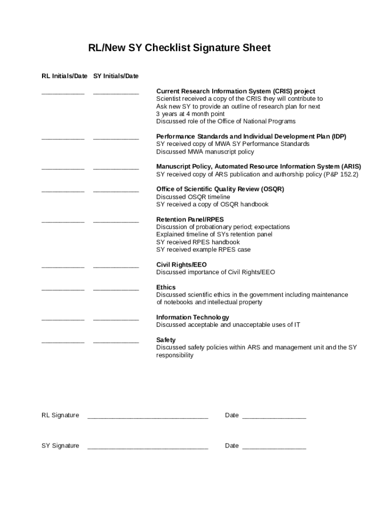 RL Checklist Signature Sheet Doc Template | pdfFiller