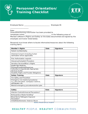 Personnel Orientation/ Training Checklist Doc Template | pdfFiller