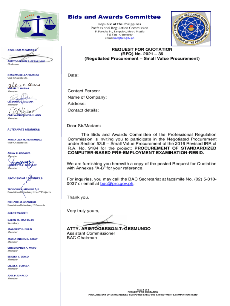 Fillable Online 2021 Request for Quotation - Central Office Fax Email ...