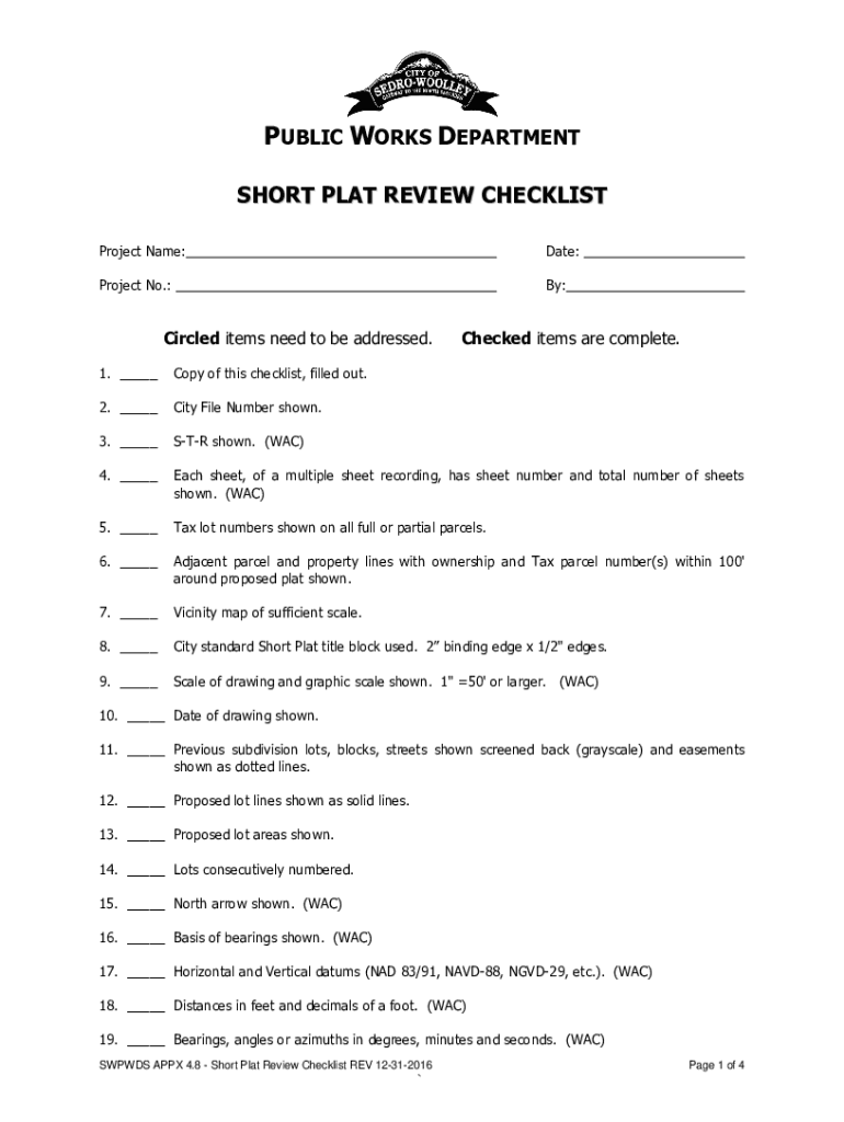 Fillable Online public works department - short plat review checklist ...