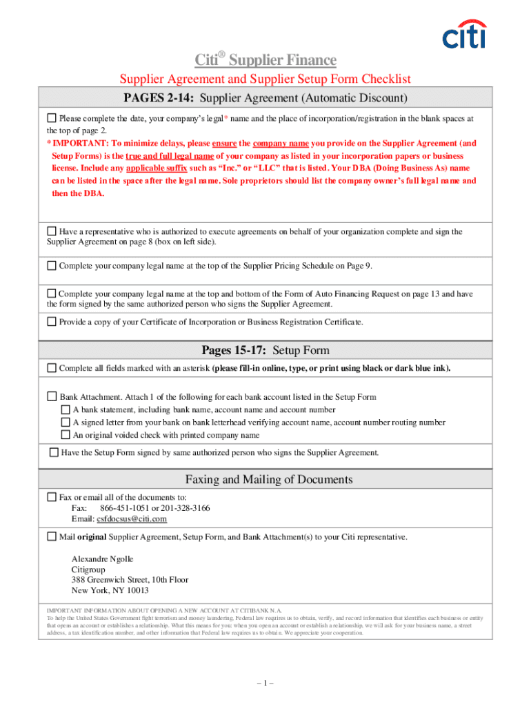 Fillable Online (PDF) Citi Supplier Finance Supplier Agreement and ... Fax Email Print - pdfFiller